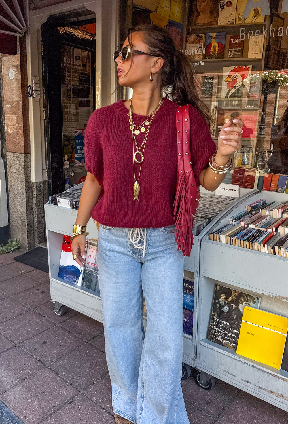 Donna Korte Mouwen Trui Bordeaux